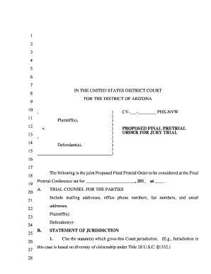 Fillable Online azd uscourts Proposed Final Pretrial Order for Jury ...