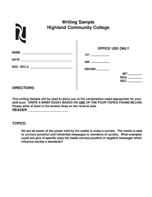 Fillable Online Writing Sample Highland Community College Fax Email ...