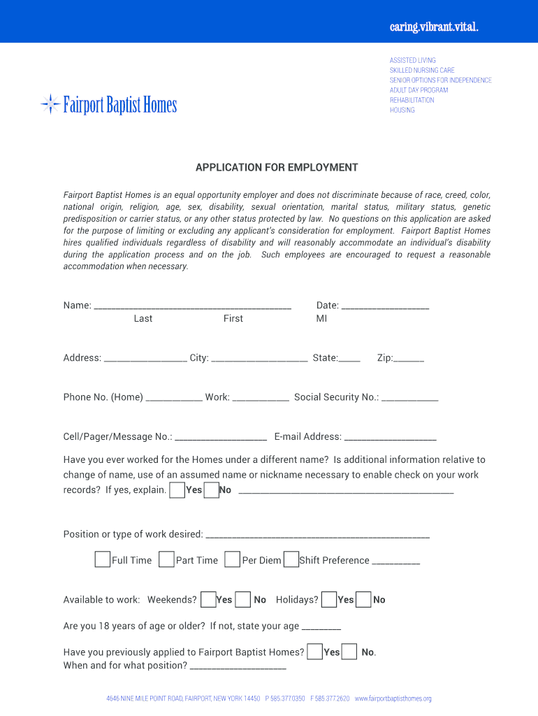 Fillable Online fairportbaptisthomes FBH Job Application Fax Email Print - pdfFiller