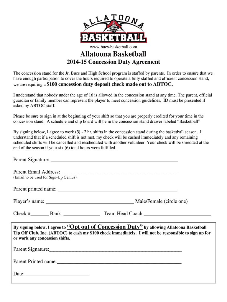 Fillable Online 201415 Concession Duty Agreement Fax Email Print ...