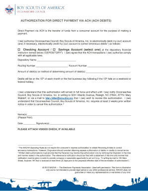 Fillable Online ocscouts AUTHORIZATION FOR DIRECT PAYMENT VIA ACH ACH DEBITS Fax Email Print ...