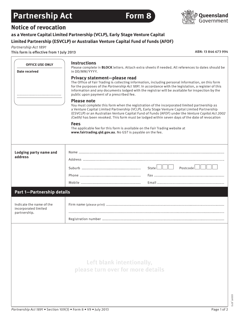 Fillable Online Partnership Act Form 8 - fairtradingqldgovau Fax Email ...