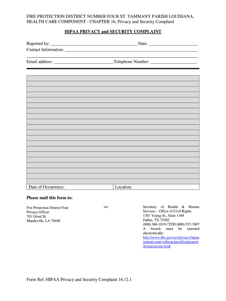 Fillable Online HIPAA PRIVACY and SECURITY COMPLAINT Fax Email Print ...