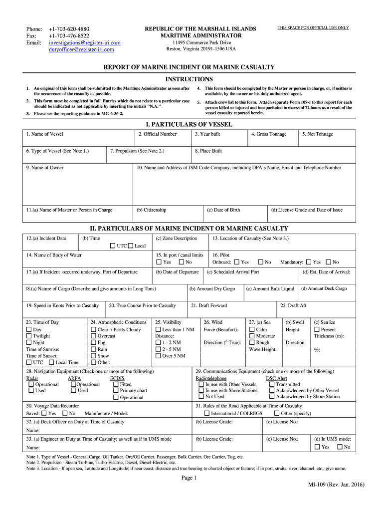 Fillable Online REPORT OF MARINE INCIDENT OR MARINE CASUALTY ...