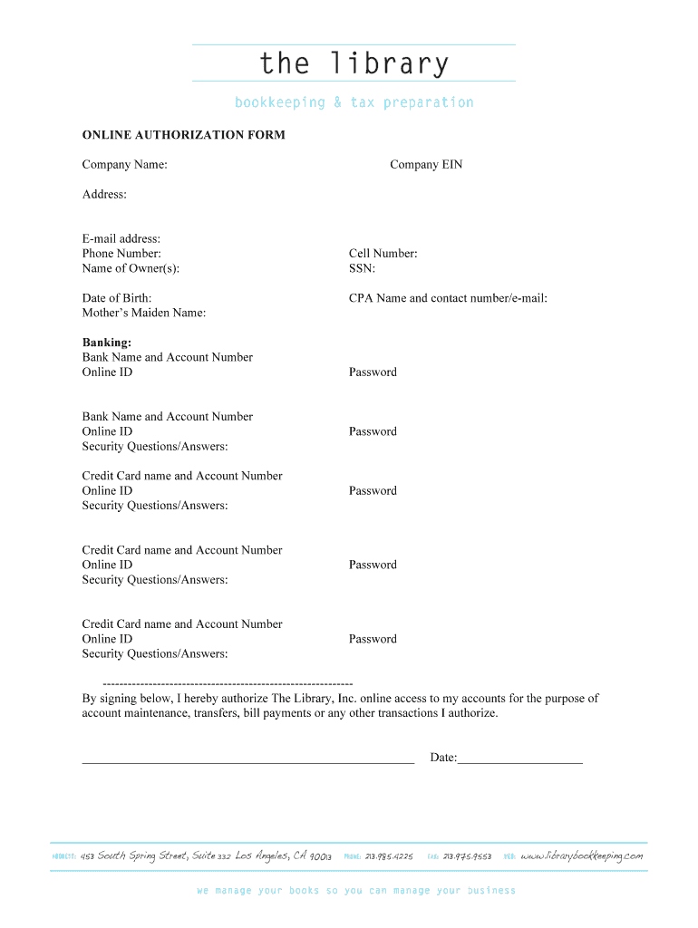 Fillable Online Online Authorization Form - The Library Inc Fax Email Print - pdfFiller
