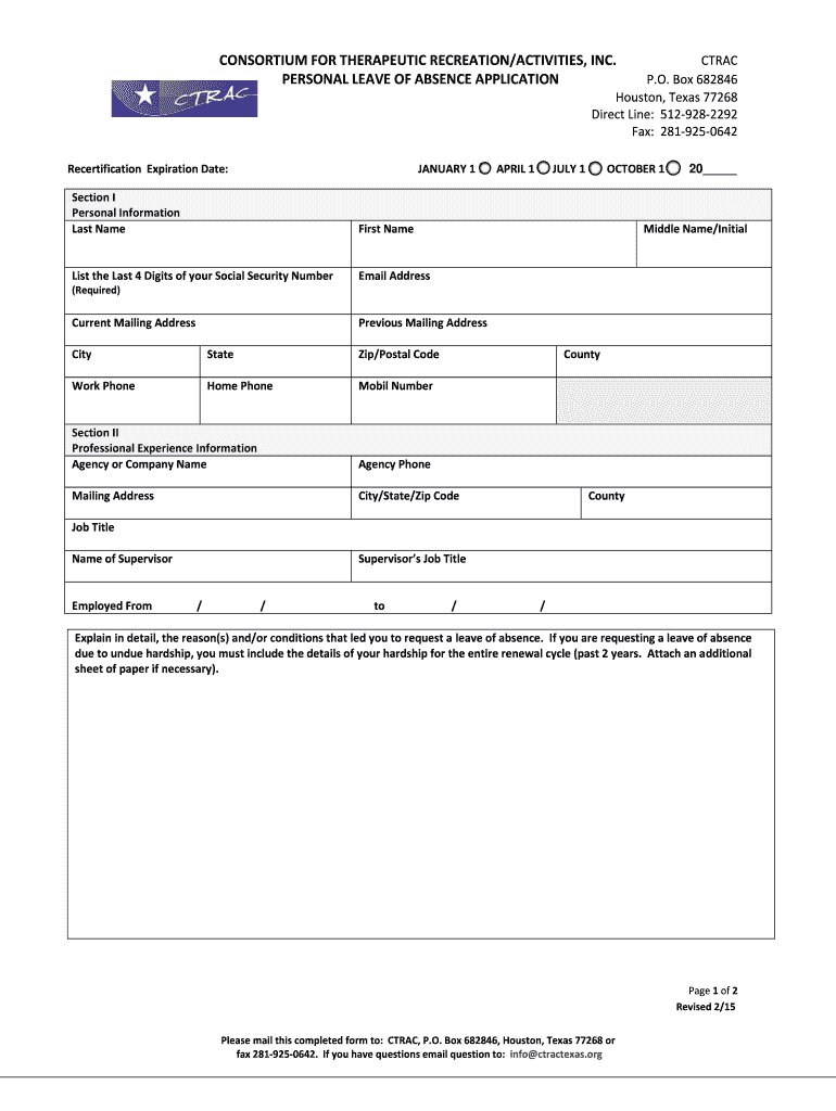Fillable Online ctractexas PERSONAL LEAVE OF ABSENCE APPLICATION CTRAC ...