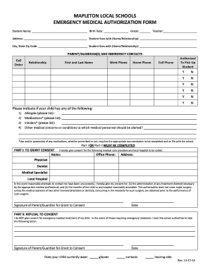 Fillable Online mapleton k12 oh MAPLETON LOCAL SCHOOLS EMERGENCY MEDICAL AUTHORIZATION FORM Fax ...