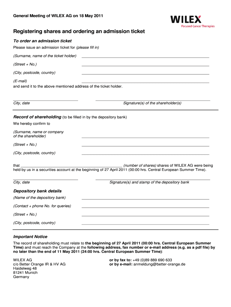 Fillable Online wilex Registering shares and ordering an admission ...