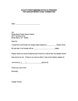 Fillable Online 30 DAYS PRIOR WRITTEN NOTICE IS REQUIRED FOR HANGAR ...