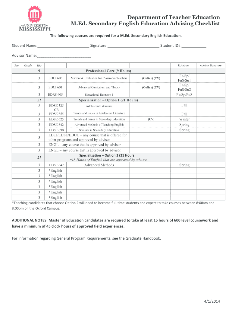 Fillable Online education olemiss Secondary English Education Advising ...