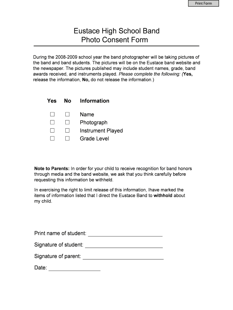 Fillable Online Eustace High School Band Photo Consent Form Fax Email ...