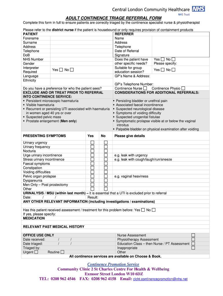 Fillable Online ADULT CONTINENCE TRIAGE REFERRAL FORM Fax Email Print ...