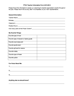 Fillable Online frazercenter PTAC Teacher Information Form 2013-2014 ...
