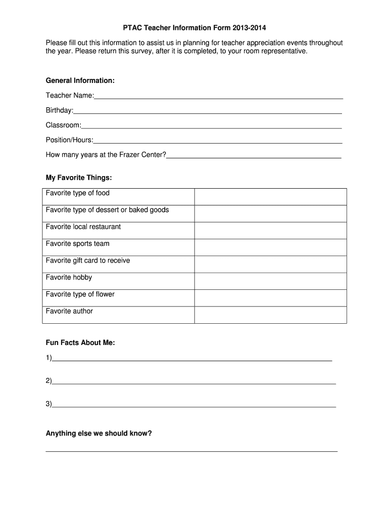 Fillable Online frazercenter PTAC Teacher Information Form 2013-2014 ...