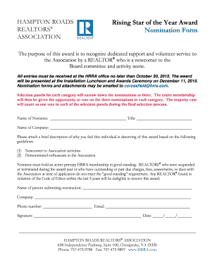 Fillable Online Rising Star of the Year Award Nomination Form - HRRA ...