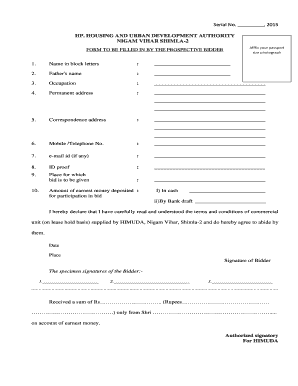Fillable Online HP HOUSING AND URBAN DEVELOPMENT AUTHORITY NIGAM VIHAR ...