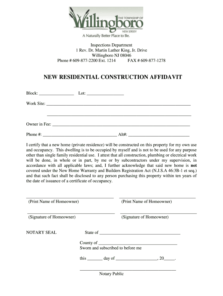 Fillable Online NEW RESIDENTIAL CONSTRUCTION AFFIDAVIT Fax Email Print ...
