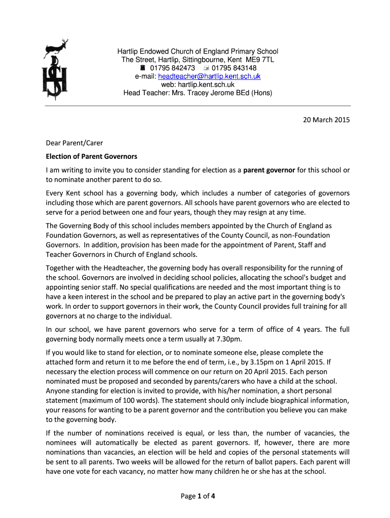 Fillable Online hartlip kent sch Election of Parent Governors parent ...