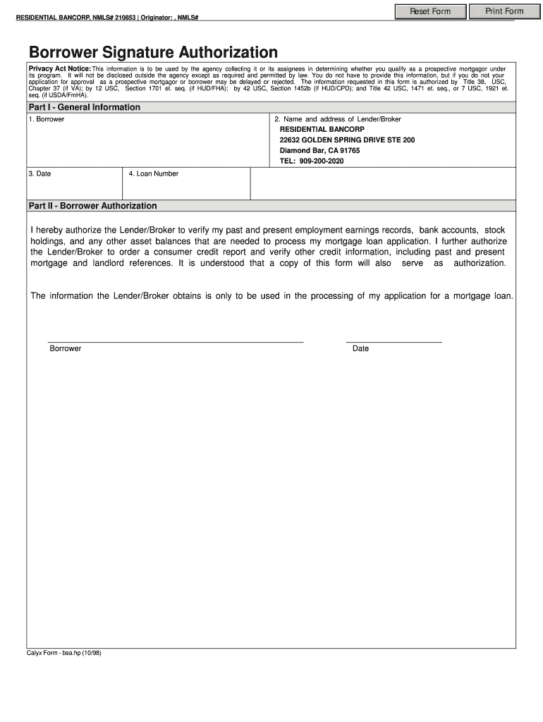 Fillable Online Borrower Signature Authorization - bancorpwholesalecom ...