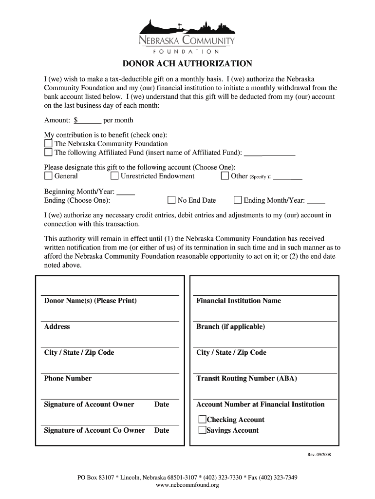 Fillable Online nebcommfound DONOR ACH AUTHORIZATION Fax Email Print - pdfFiller