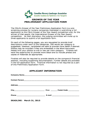 Fillable Online GROWER OF THE YEAR PRELIMINARY APPLCIATION FORM Fax ...