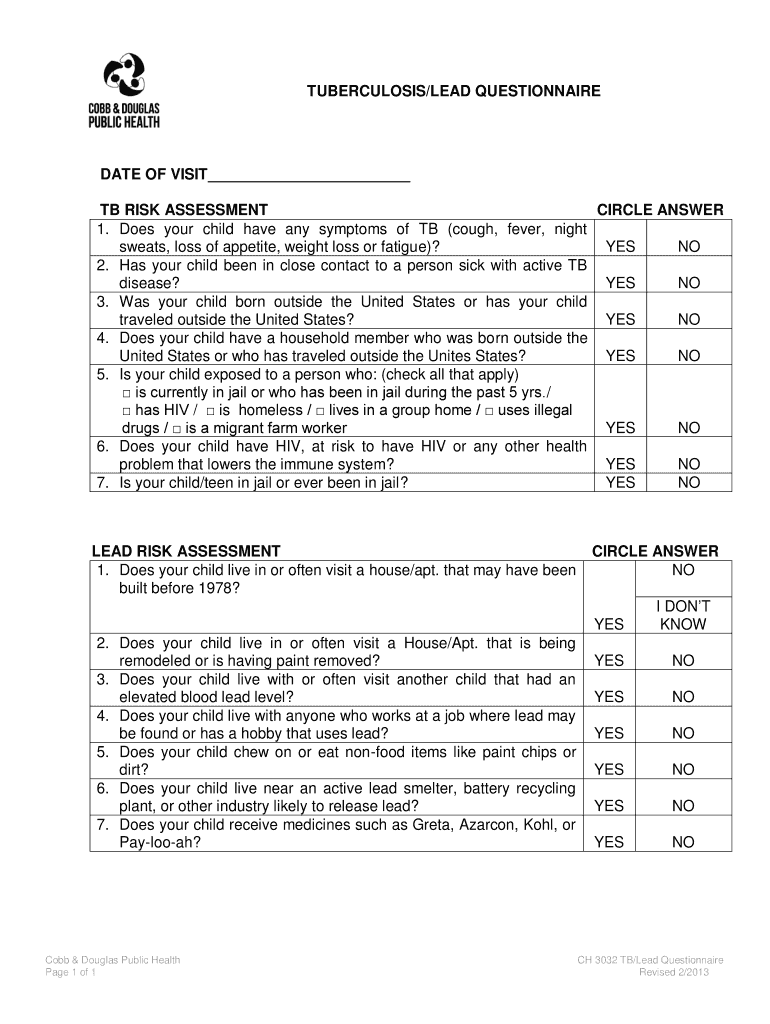 Fillable Online TUBERCULOSISLEAD QUESTIONNAIRE DATE OF VISIT TB RISK ...