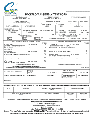 Fillable Online BACKFLOW ASSEMBLY TEST FORM - Central Arkansas Water ...