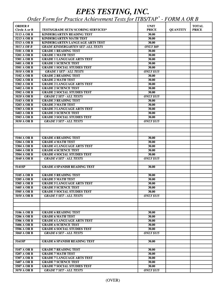 Fillable Online Order Form for Practice Achievement Tests for ITBS/TAP ...