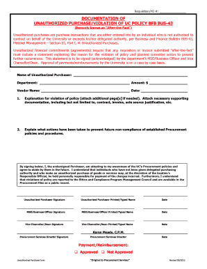Fillable Online Requisition/PO #: DOCUMENTATION OF UNAUTHORIZED ...