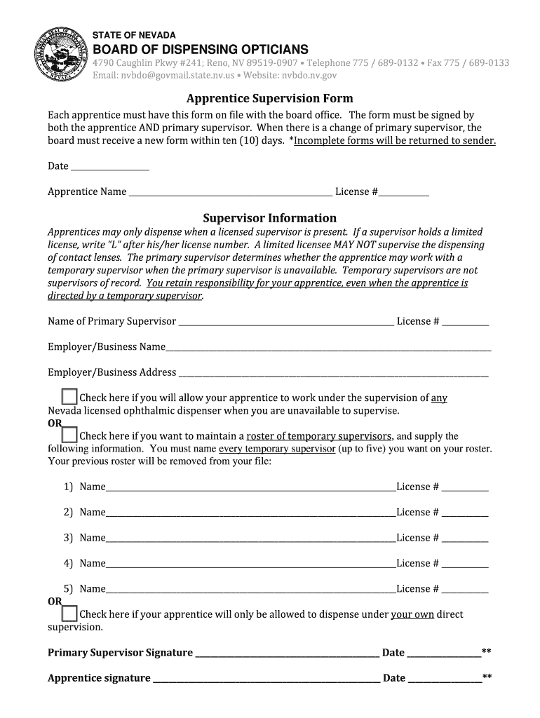 Fillable Online Apprentice Supervision Form - the Nevada State Board of ...