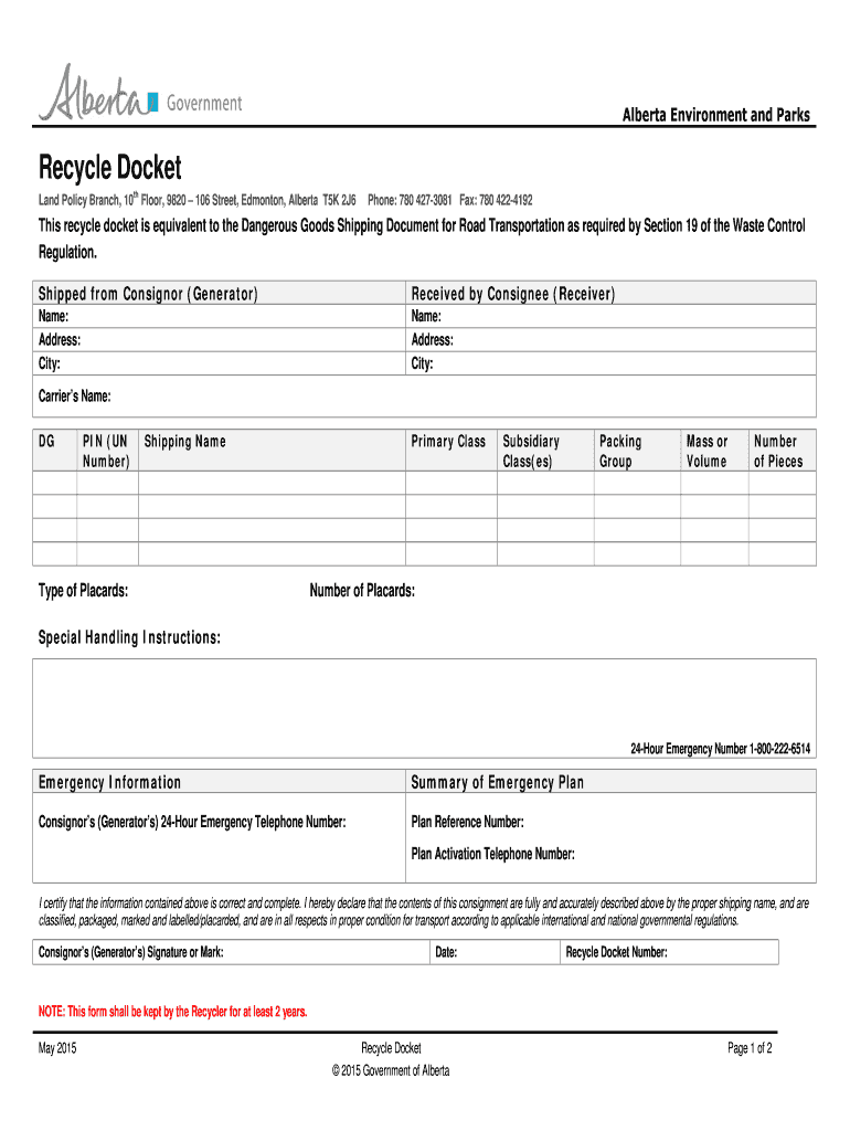 Fillable Online Recycle Docket - Alberta Environment - Government of ...