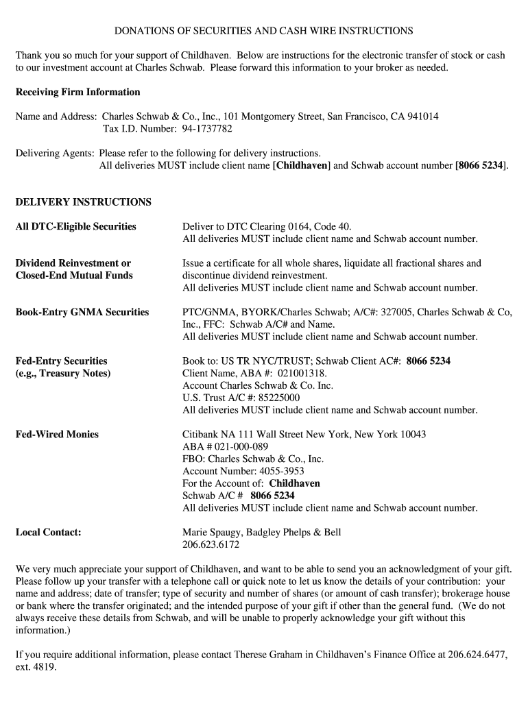 Fillable Online DONATIONS OF SECURITIES AND CASH WIRE INSTRUCTIONS Fax ...