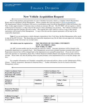 Fillable Online finance columbia New Vehicle Acquisition Request ...