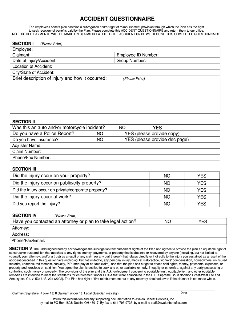 Fillable Online ACCIDENT QUESTIONNAIRE - Avalon Benefit Services Fax ...