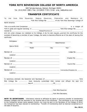 Fillable Online YORK RITE SOVEREIGN COLLEGE OF NORTH AMERICA TRANSFER ...