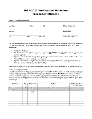 Fillable Online 20122013 Verification Worksheet Dependent Student ...