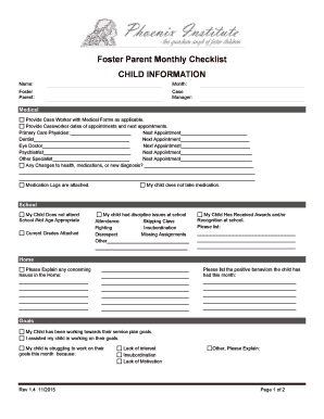 Fillable Online Foster Parent Monthly Checklist CHILD INFORMATION Fax ...