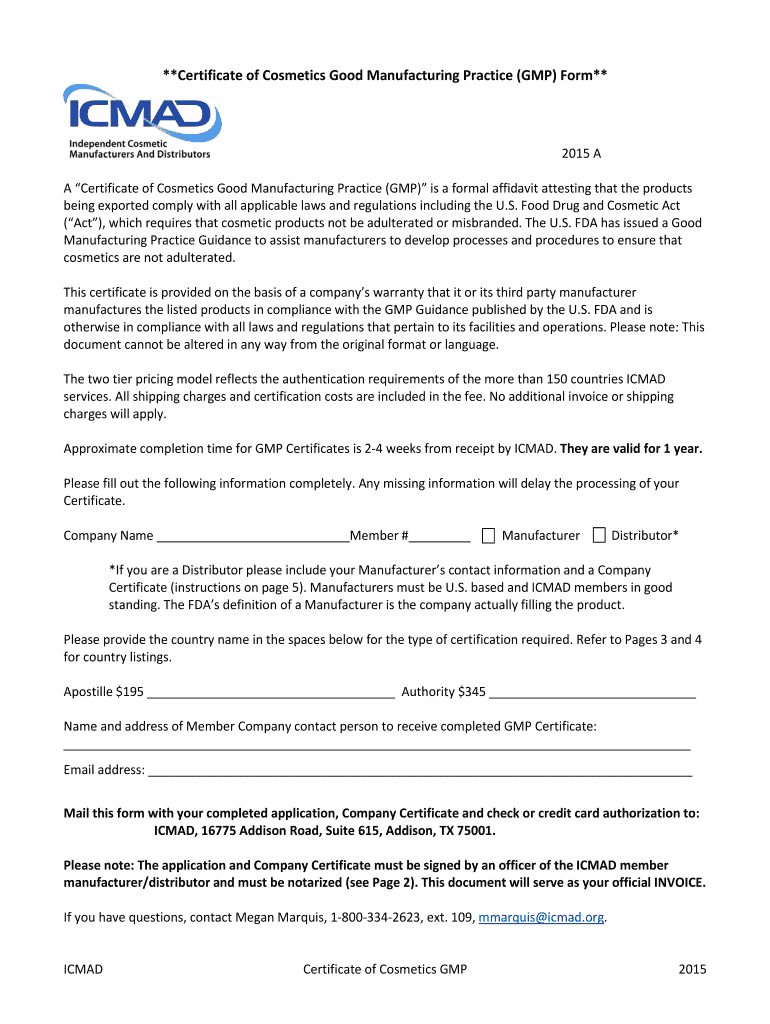 Fillable Online Certificate of cGMP Application Form 2015Apdf - ICMAD ...