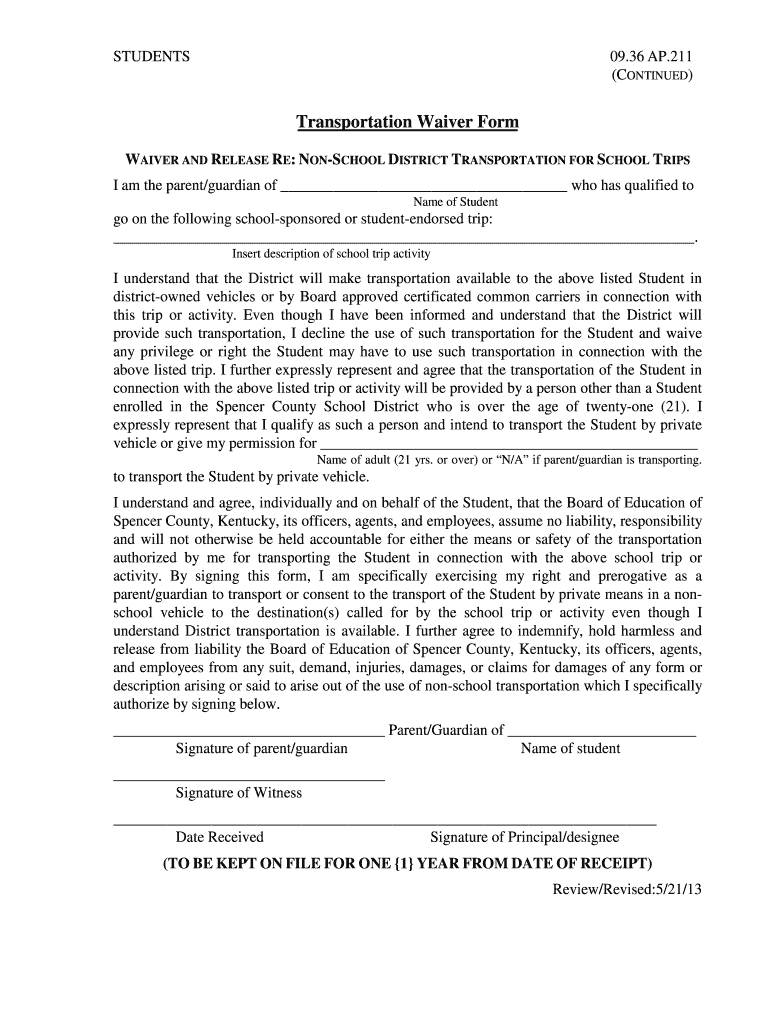 Fillable Online estill k12 ky Transportation Waiver Form - Estill County Schools Fax Email Print ...