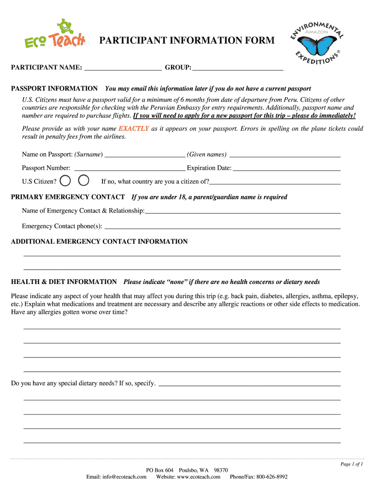 Fillable Online PARTICIPANT INFORMATION FORM - Amazon Rainforest Workshops Fax Email Print ...