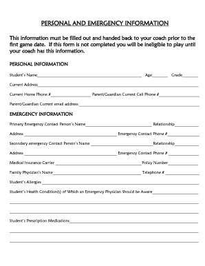 Fillable Online PERSONAL AND EMERGENCY INFORMATION Fax Email Print ...