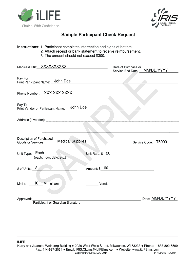 Fillable Online Sample Participant Check Request - iLIFE Financial ...