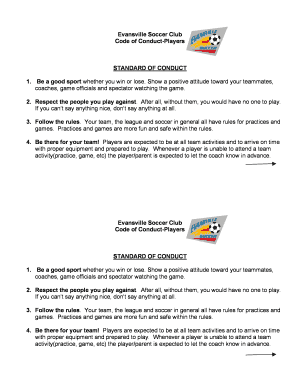 Fillable Online Player code of conduct half sheet - Evansville Soccer ...
