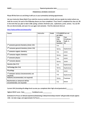 Fillable Online webs wofford NAME Expected graduation date PREMEDICAL ...