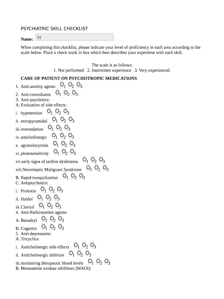 Fillable Online PSYCHIATRIC SKILL CHECKLIST - Staff Hospital Fax Email ...
