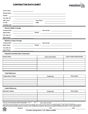 Fillable Online Contractor data sheet - Provident Bank Fax Email Print ...