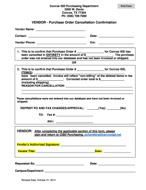 Fillable Online VENDOR - Purchase Order Cancellation Confirmation Fax ...