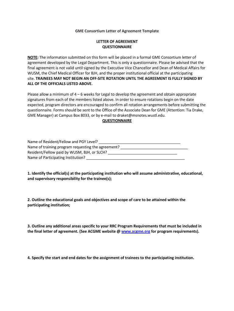 Fillable Online GME Consortium Letter of Agreement Template LETTER OF ...