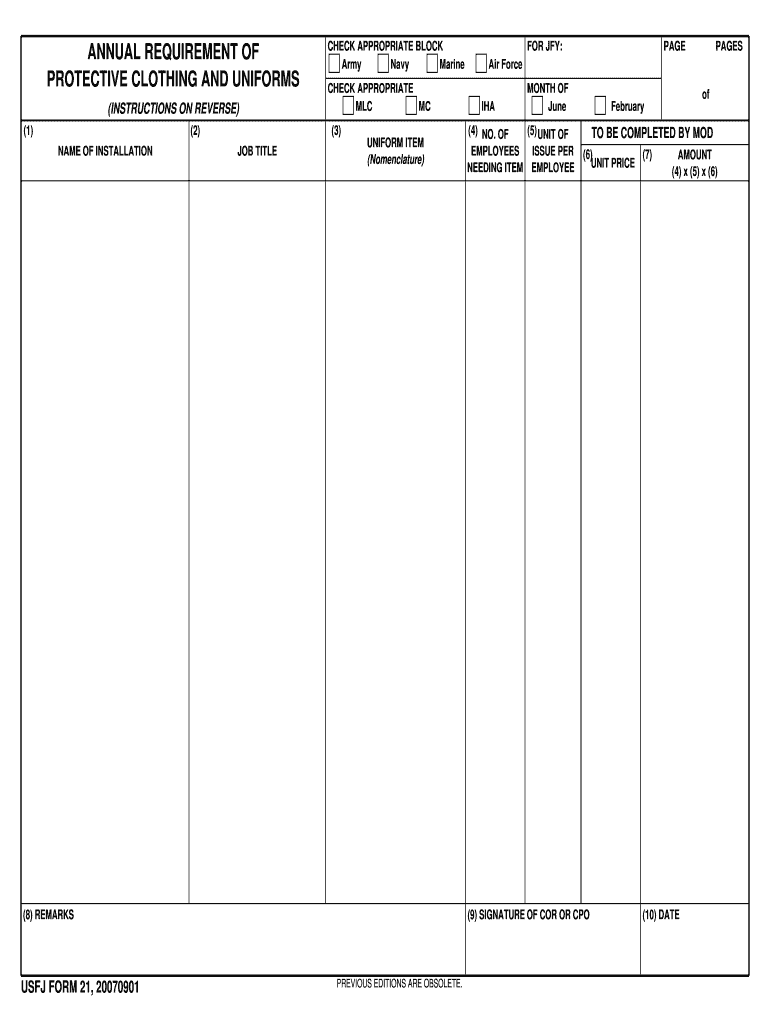 Fillable Online usfj ANNUAL REQUIREMENT OF BLOCK PROTECTIVE CLOTHING ...