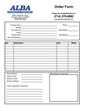 Fillable Online Printable Order Form - albaproembroiderycom Fax Email ...